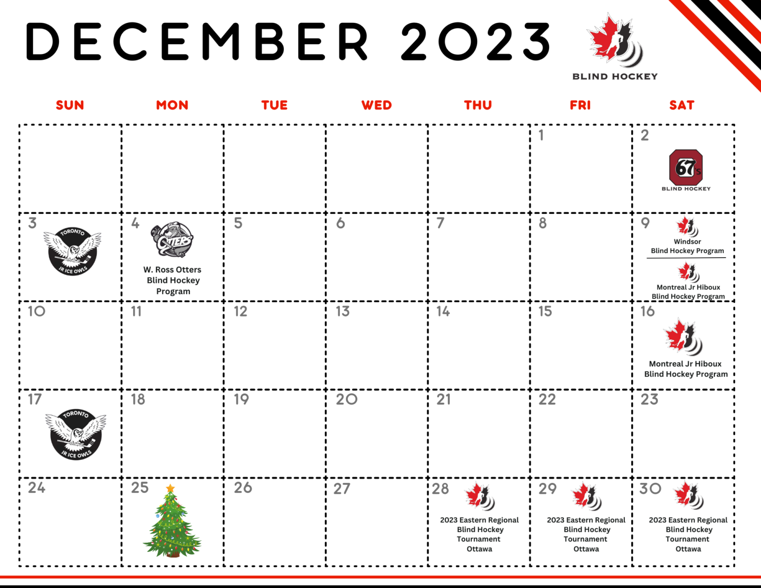 December calendar – Canadian Blind Hockey Association