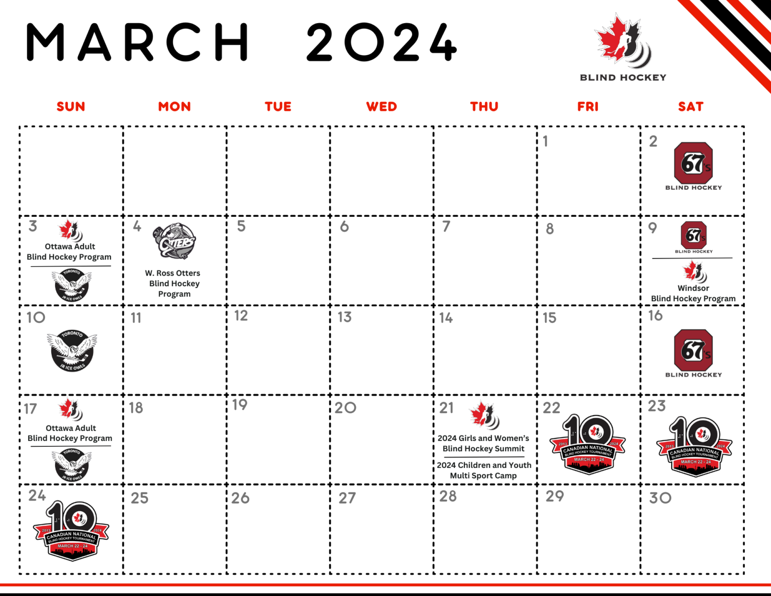 March Calendar – Canadian Blind Hockey Association